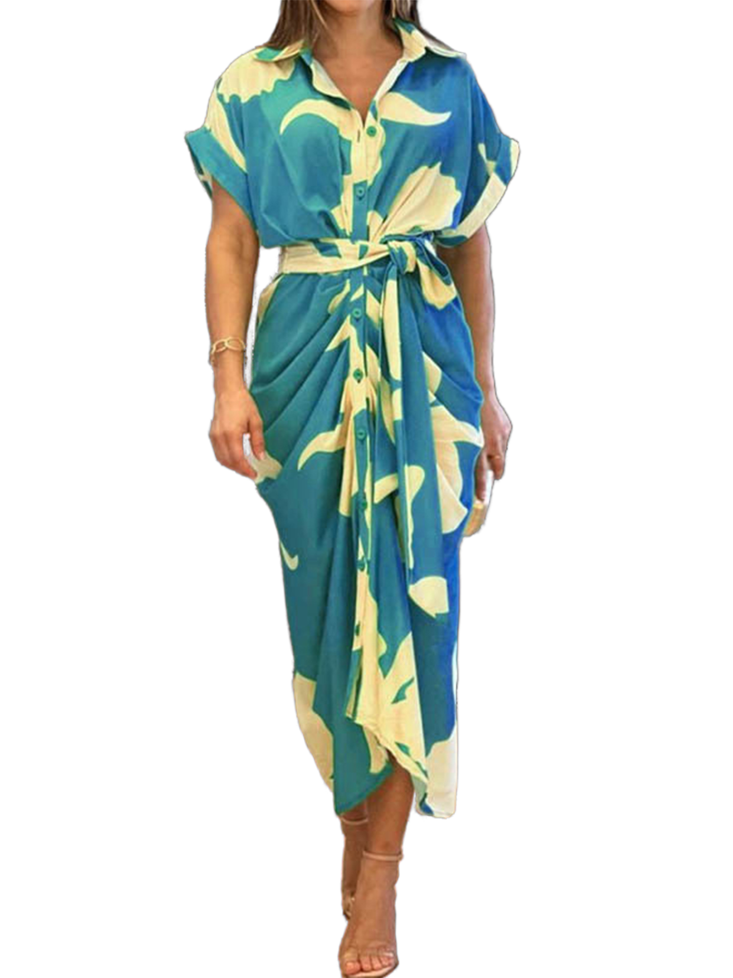 Lumento Women Button Front Shirt Dress V Neck Short Sleeve Midi Dress ...