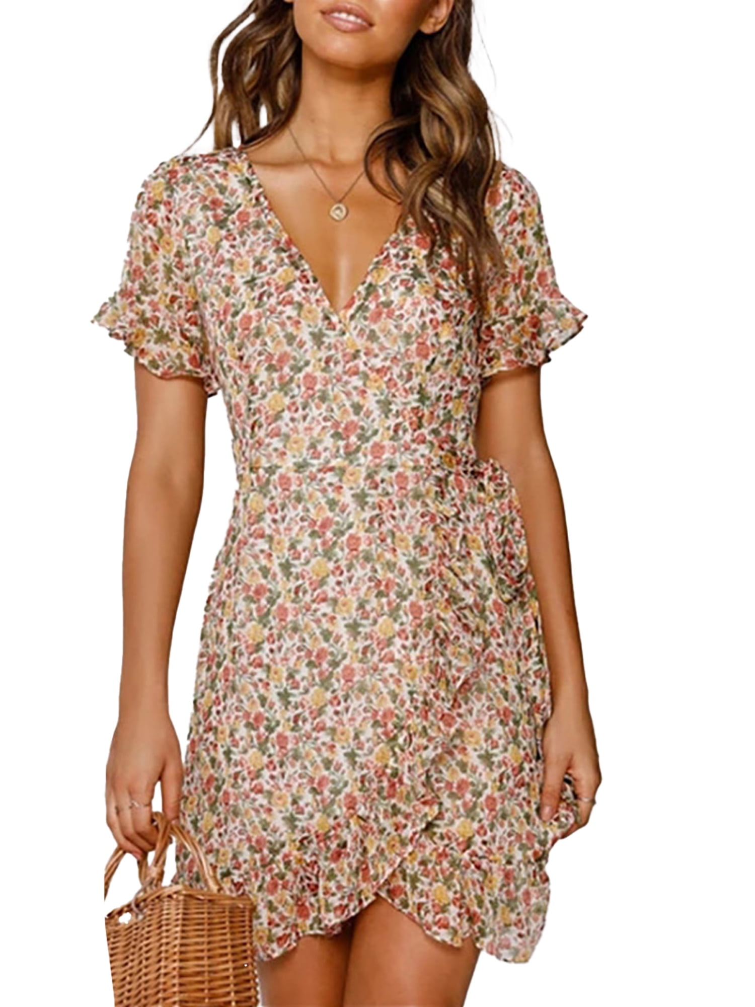 Lumento Women Dress Summer V Neck Floral Print Boho Beach Dress Ruffle