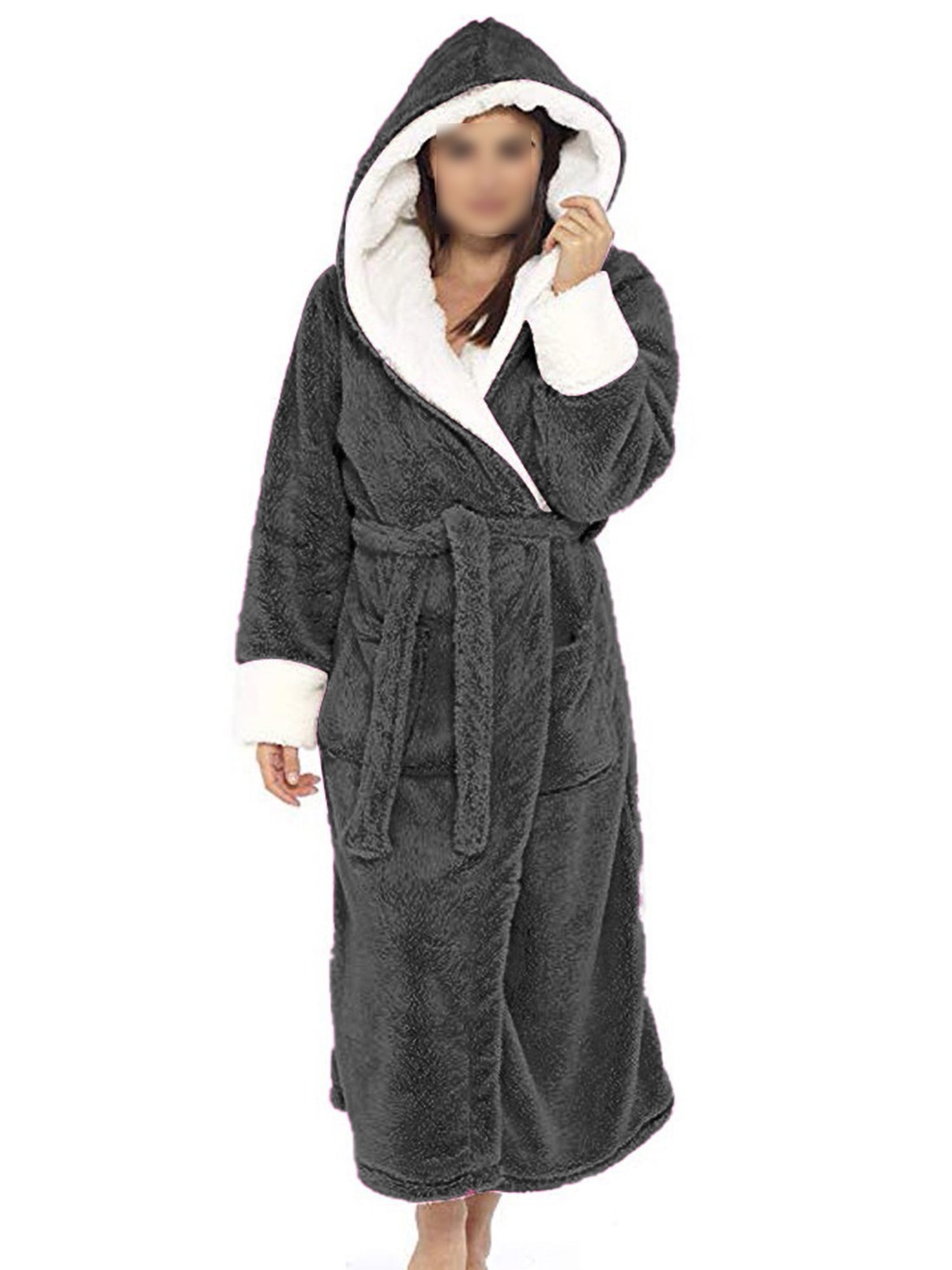 Lumento Women Fuzzy Plush Bathrobe Hooded Sleepwear Solid Color Sherpa ...