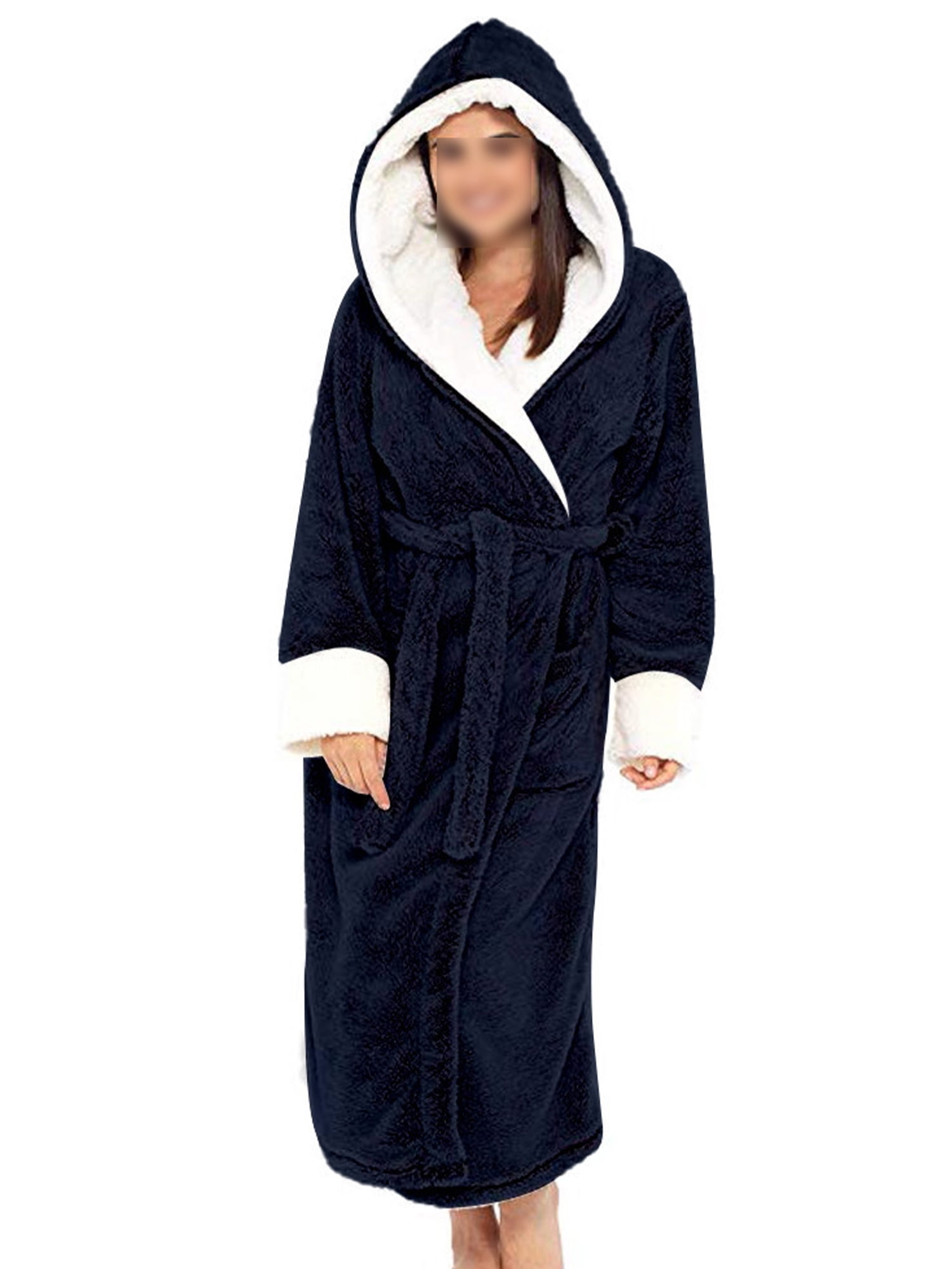 Lumento Women Fuzzy Plush Bathrobe Hooded Sleepwear Solid Color Sherpa ...