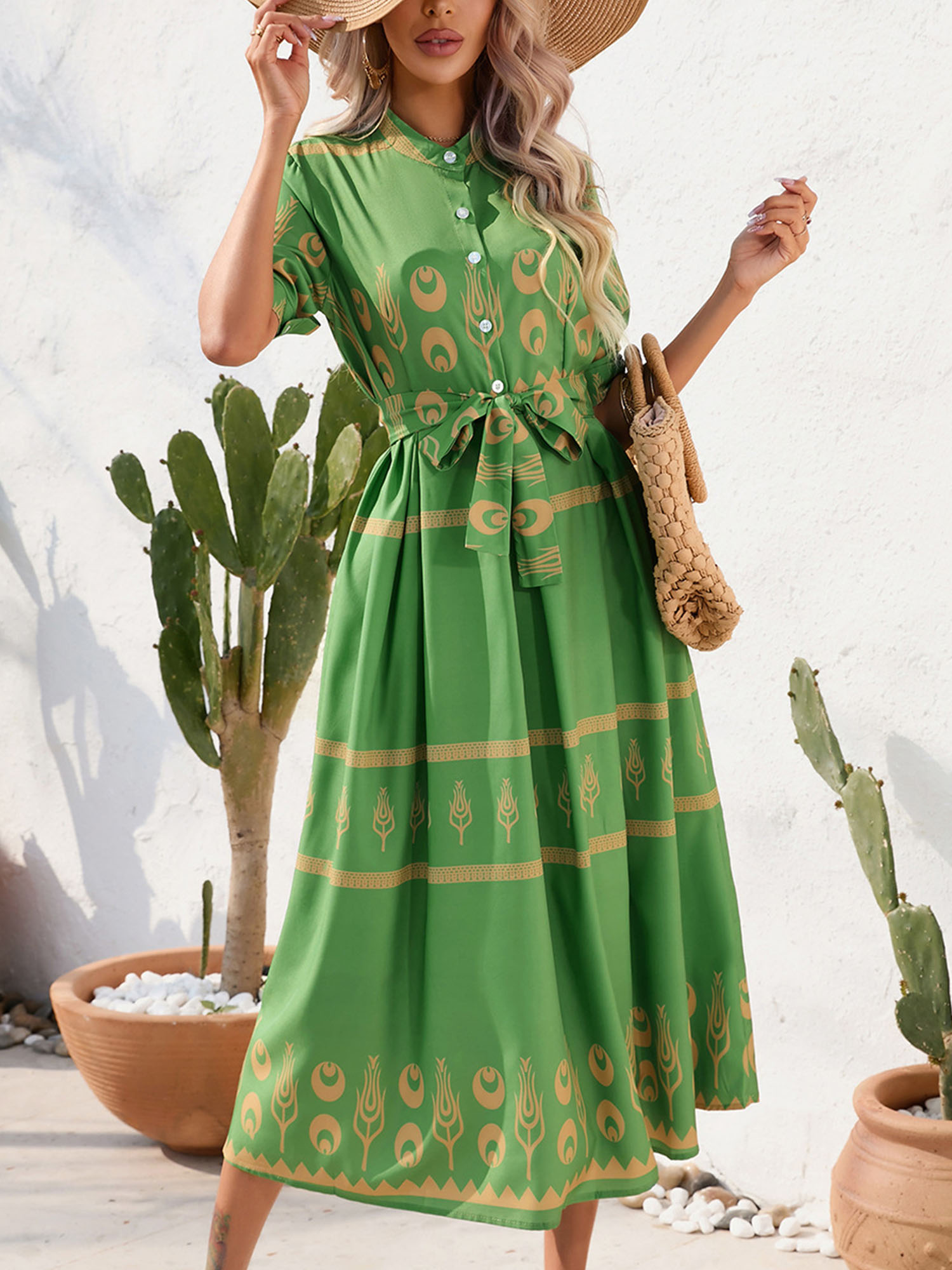 Lumento Women Long Dress Ethnic Printed Maxi Dresses with Waistband ...