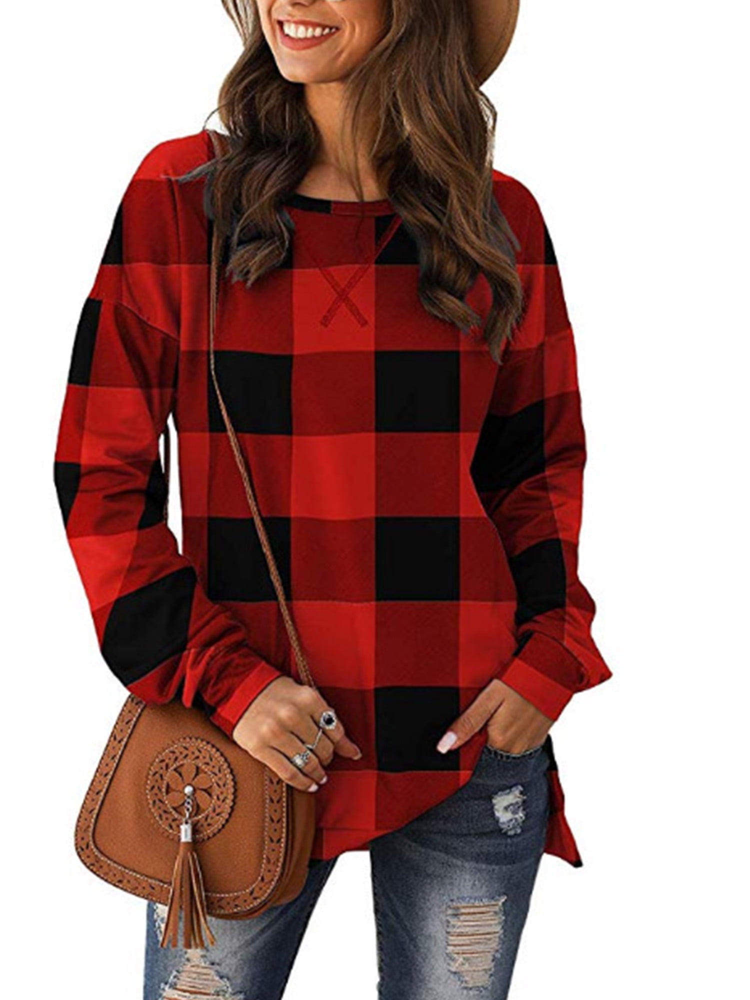 Lumento Women Long Sleeve Buffalo Plaid Tops Crew Neck Pullover T ...