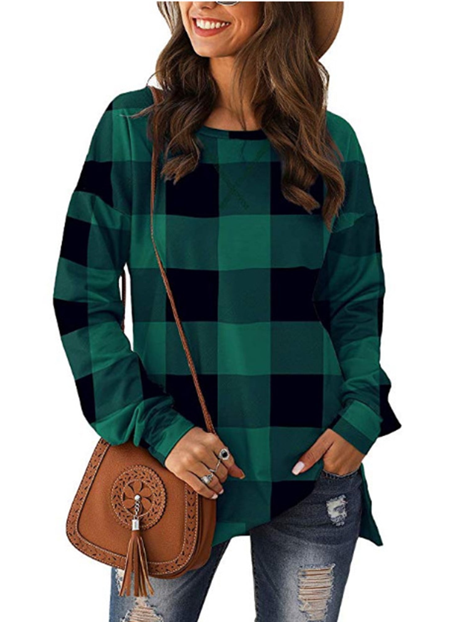 Lumento Women Long Sleeve Buffalo Plaid Tops Crew Neck Pullover T ...