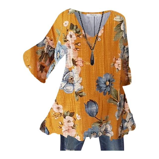 Lumento Women's Fashion Loose Fit Floral Print Tunic Tops, 3/4 Sleeve V ...
