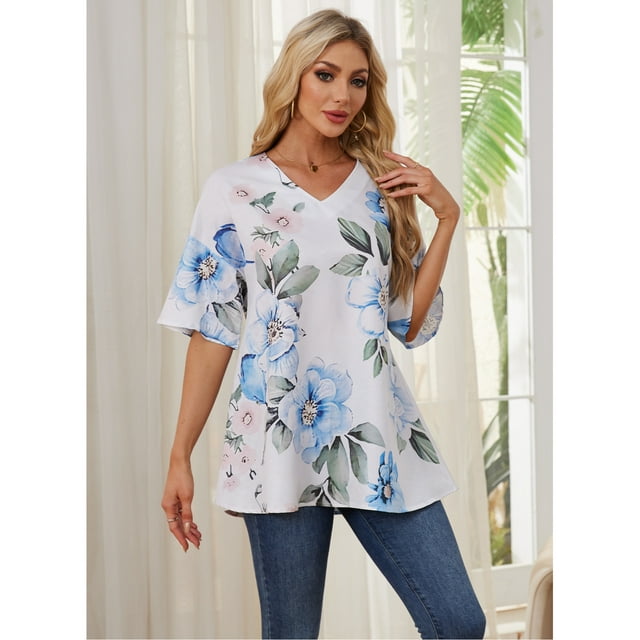 Lumento Women's Oversized Floral Print 3/4 Sleeve V-Neck Tunic Blouse ...