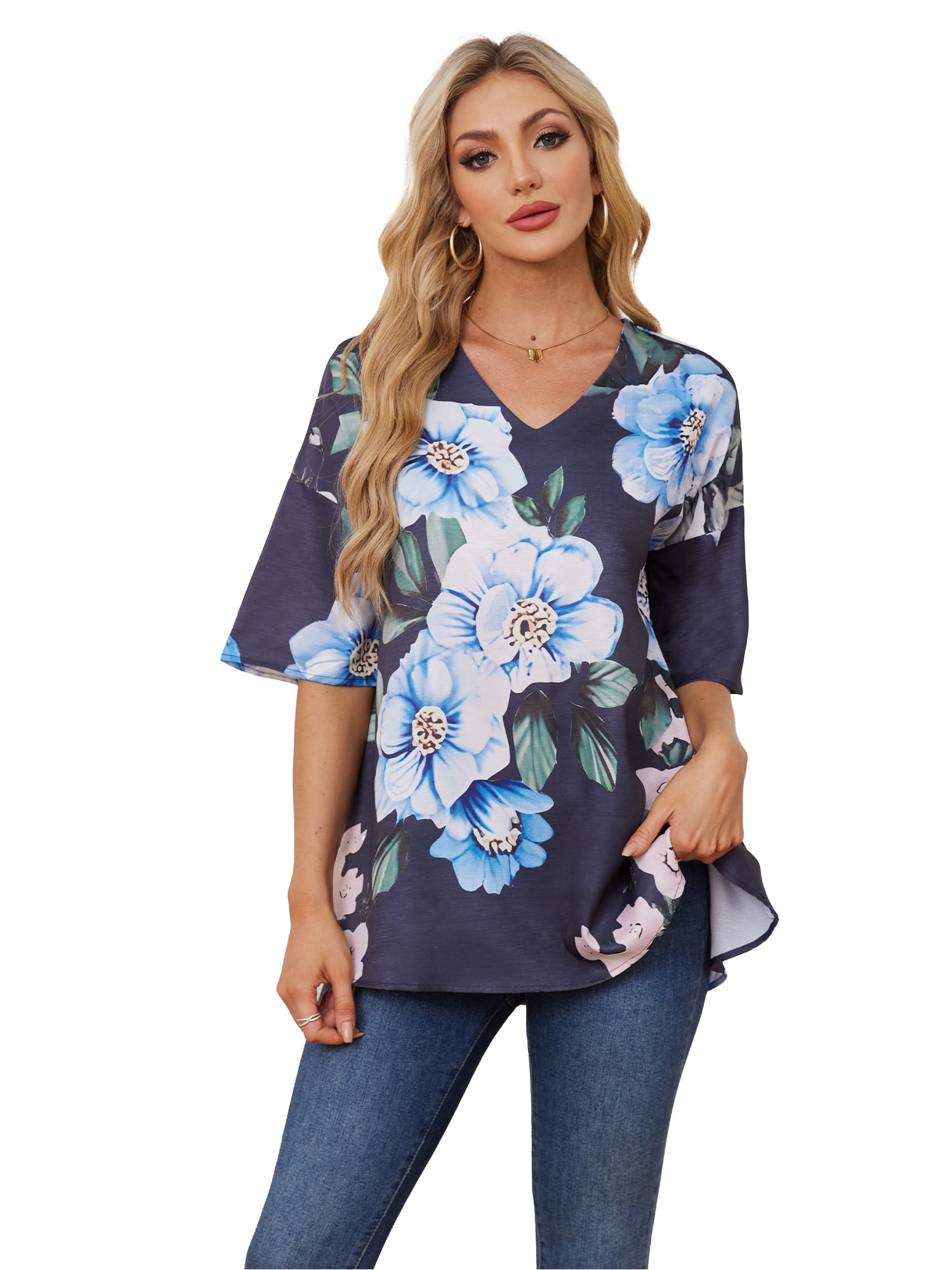 Lumento Women Long Sleeve Flare Tunic Tops 3/4 Sleeve Shirts Floral ...