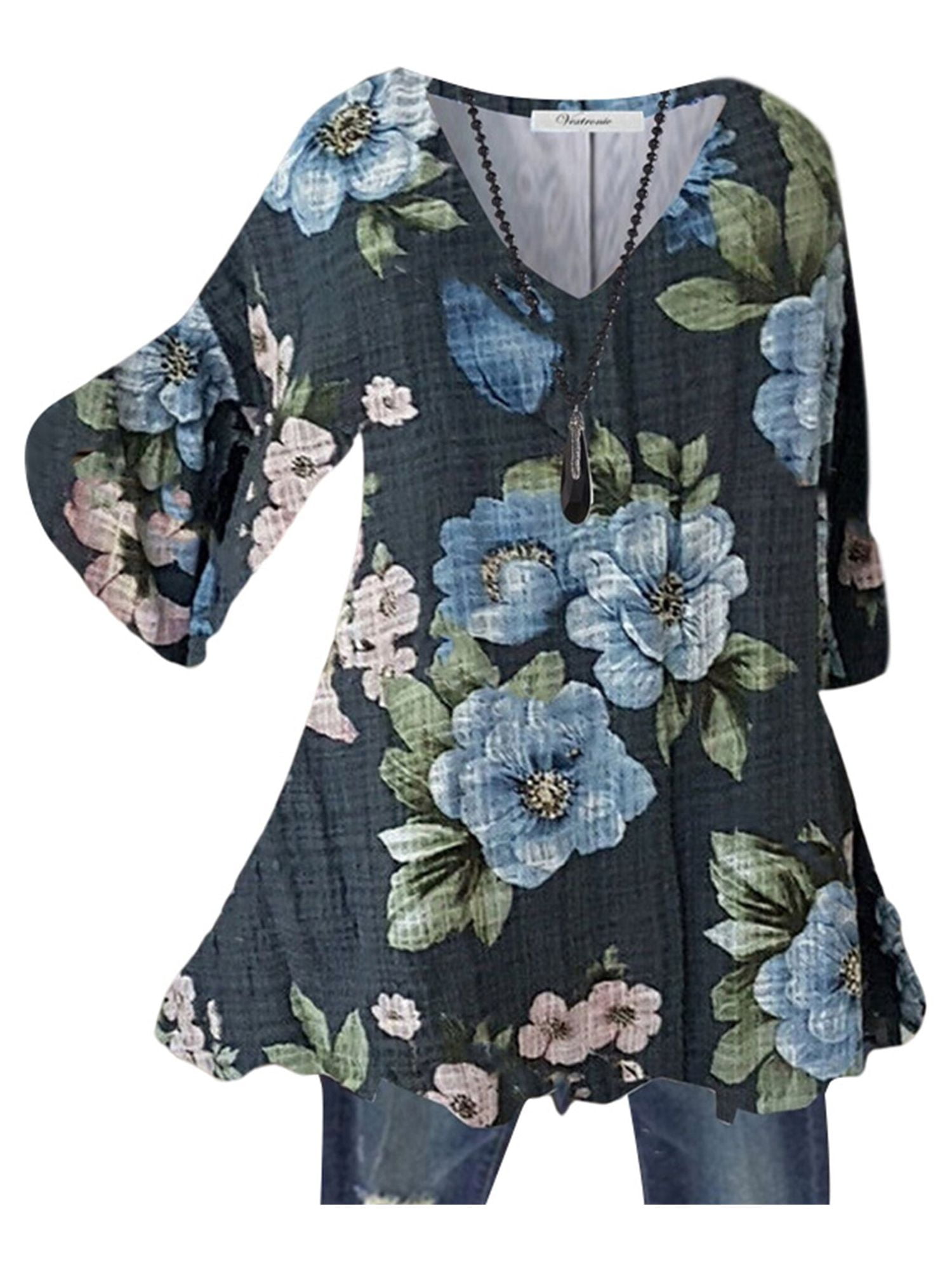 Lumento Women Long Sleeve Flare Tunic Tops 3/4 Sleeve Shirts Floral ...