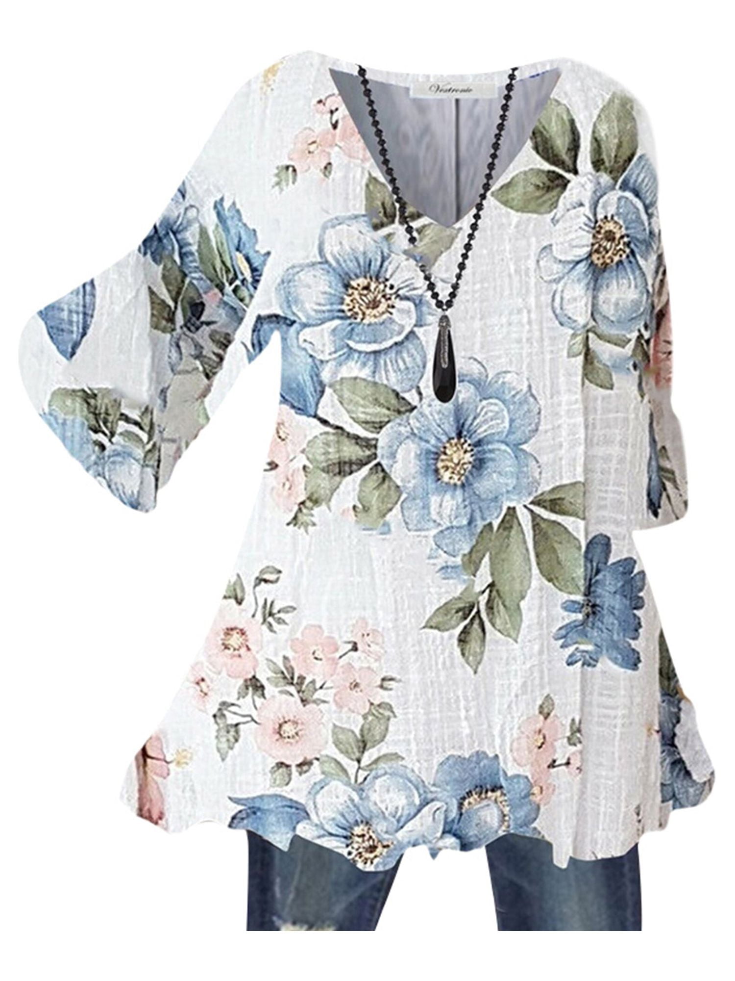 Lumento Women Long Sleeve Flare Tunic Tops 3/4 Sleeve Shirts Floral ...