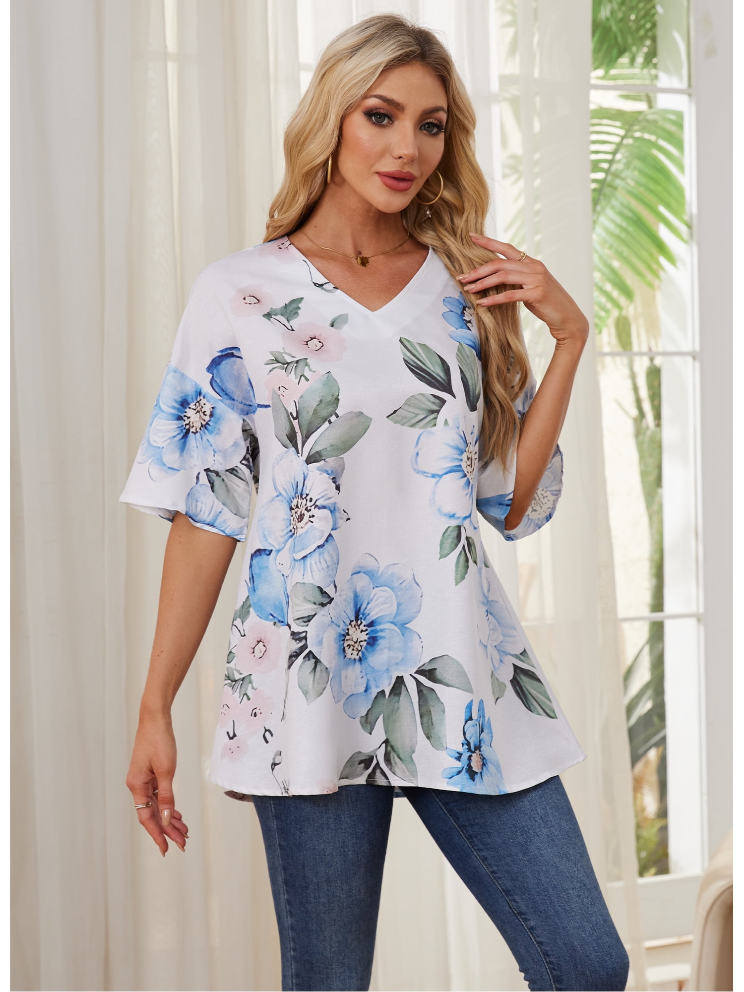 Lumento Women's Floral Print Bell Sleeve Tunic Top for Fall, Long ...