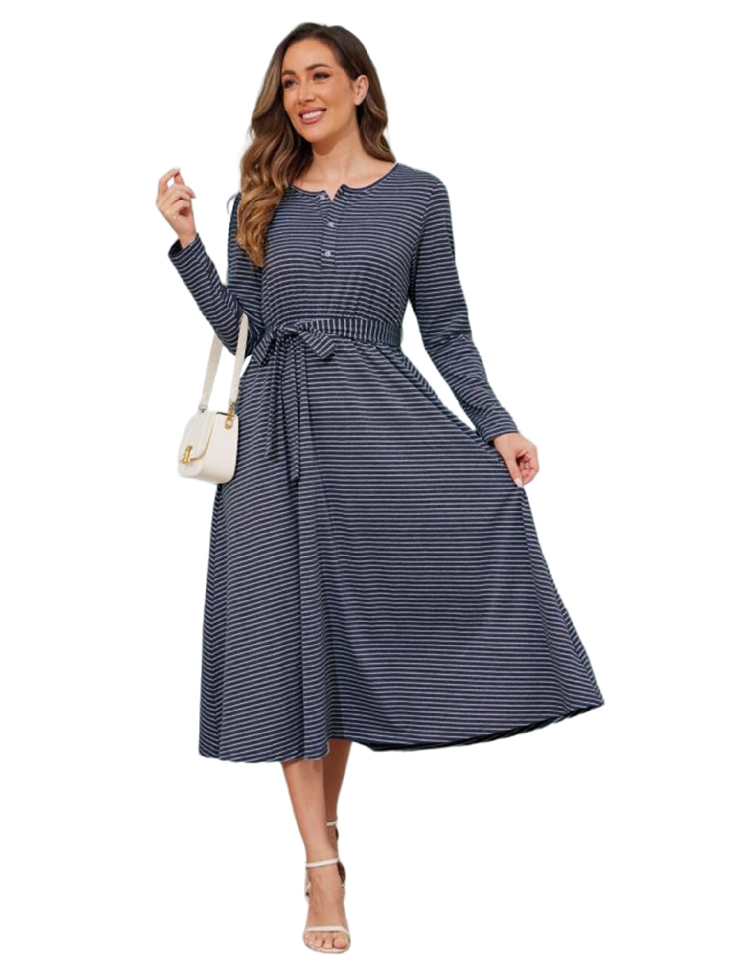 Lumento Women's Fall Midi Dress Casual Long Sleeve Striped Dresses Wrap ...