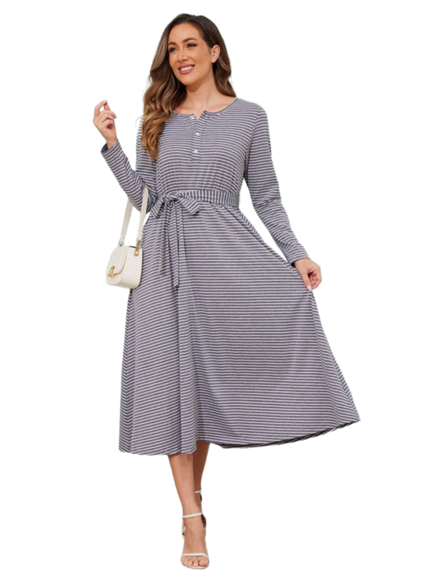 Lumento Women's Fall Midi Dress Casual Long Sleeve Striped Dresses Wrap ...
