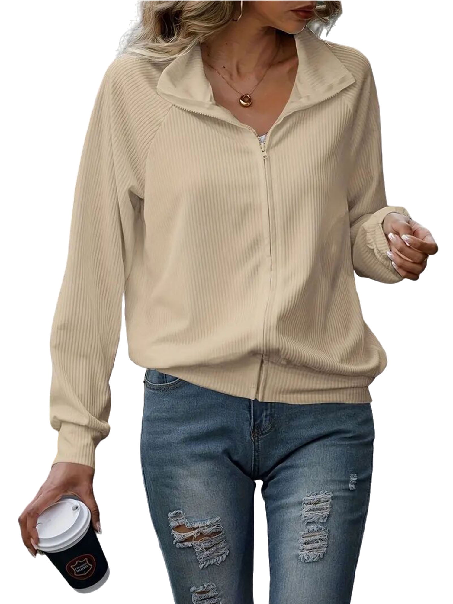 Lumento Womens Zip Up Tops Loose fit Sweatshirt Casual Long Sleeve ...