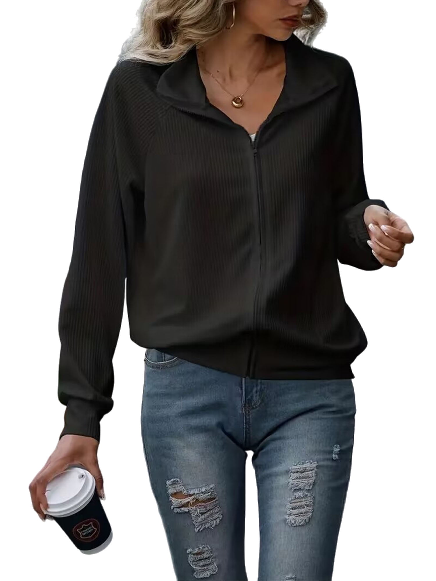 Lumento Womens Zip Up Tops Loose fit Sweatshirt Casual Long Sleeve Shirts for Ladies Pullover ...