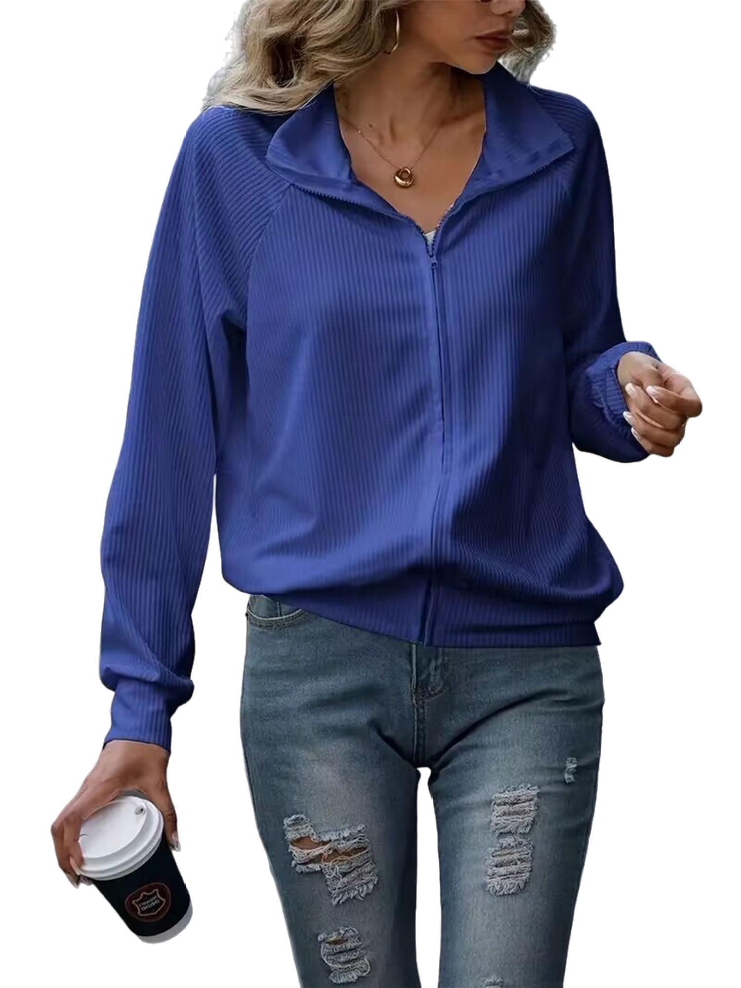 Lumento Womens Zip Up Tops Loose fit Sweatshirt Casual Long Sleeve Shirts for Ladies Pullover ...
