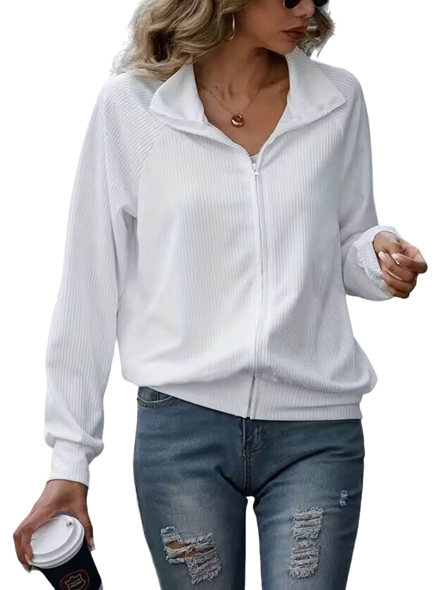 Lumento Womens Zip Up Tops Loose fit Sweatshirt Casual Long Sleeve ...