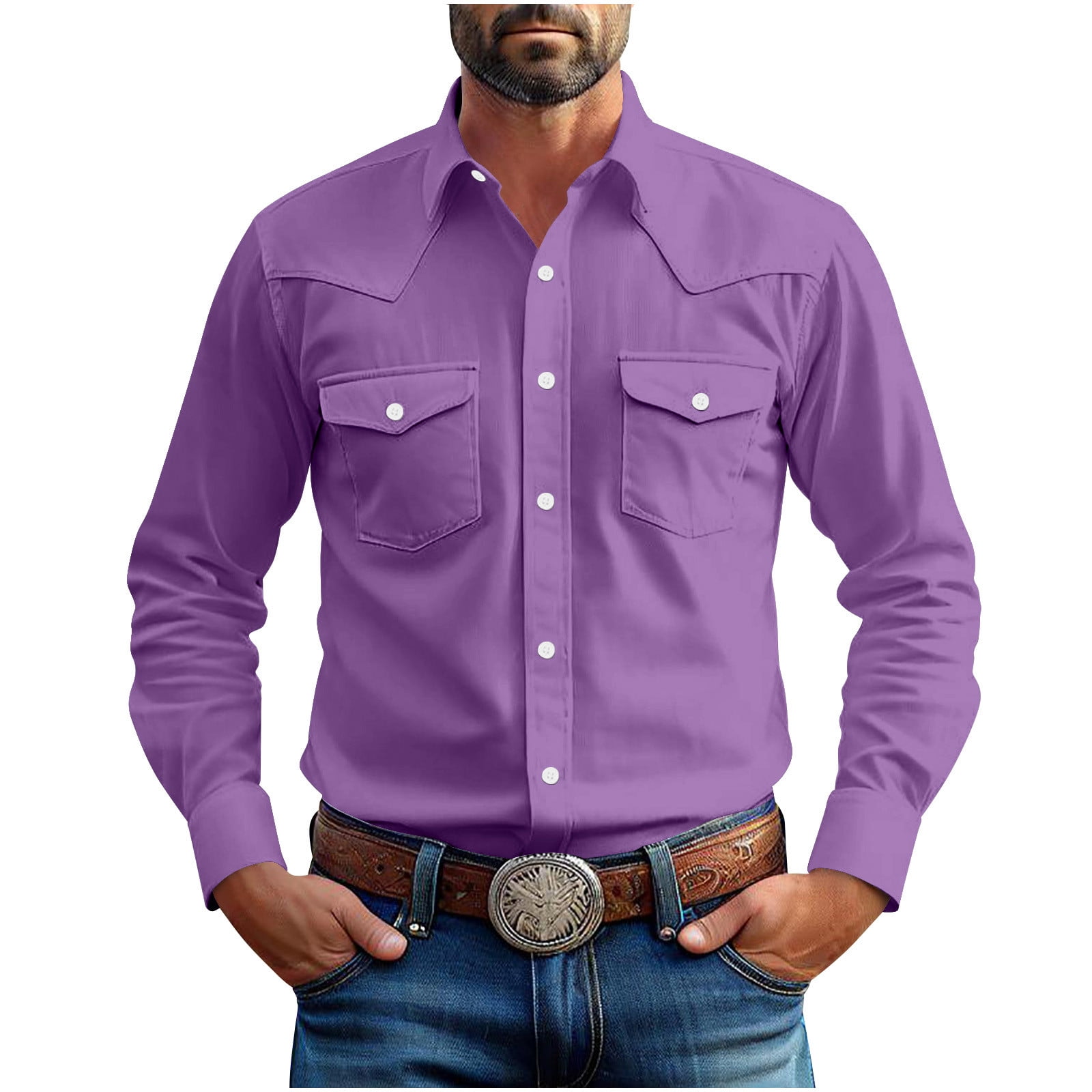 Lumeqa Mens Western Cowboy Shirts Button Up Shirts Long Sleeve Work Shirts for Men with Two ...