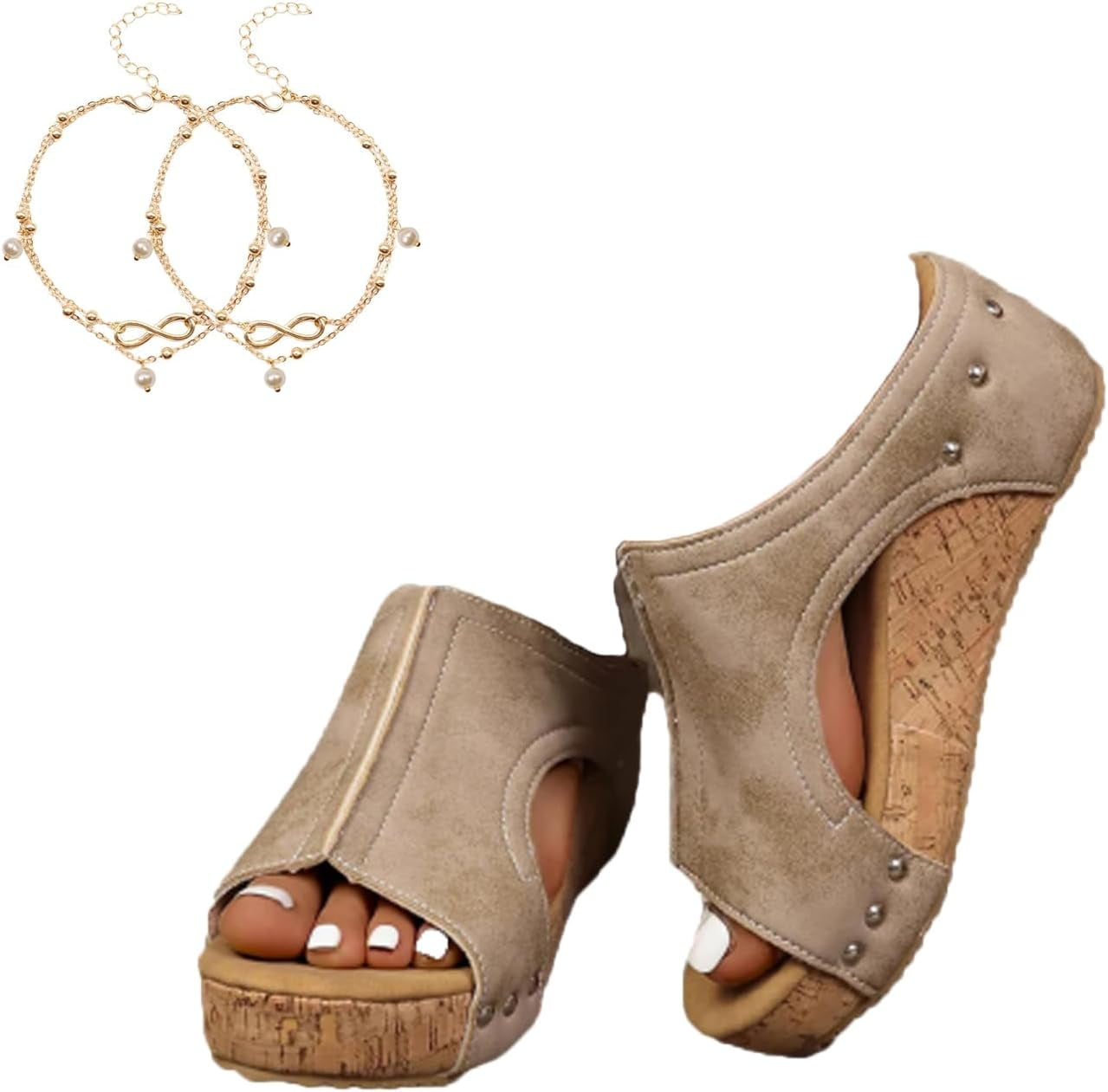 Lumi Cork Wedges & Platform Slides, Women's Thick Sole Comfy Leather ...