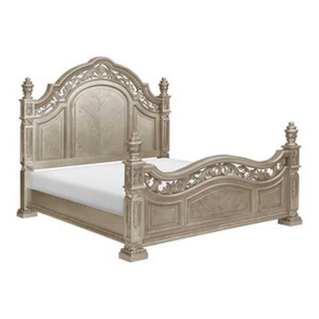 Lumi Queen Size Bed, Classical Metal Scrollwork, Glossy Platinum & Gold ...
