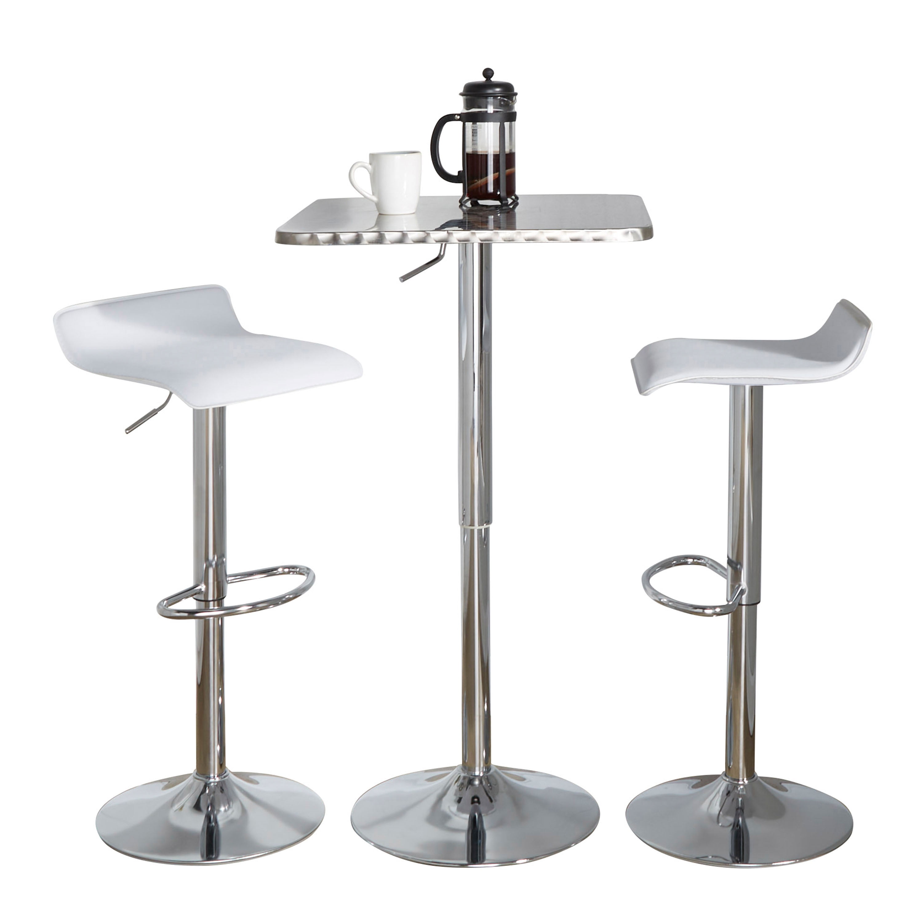 LumiSource Bistro Bar Set - 3pc, Silver/Chrome Metal, White PVC, Adjustable Height. Square Table ...