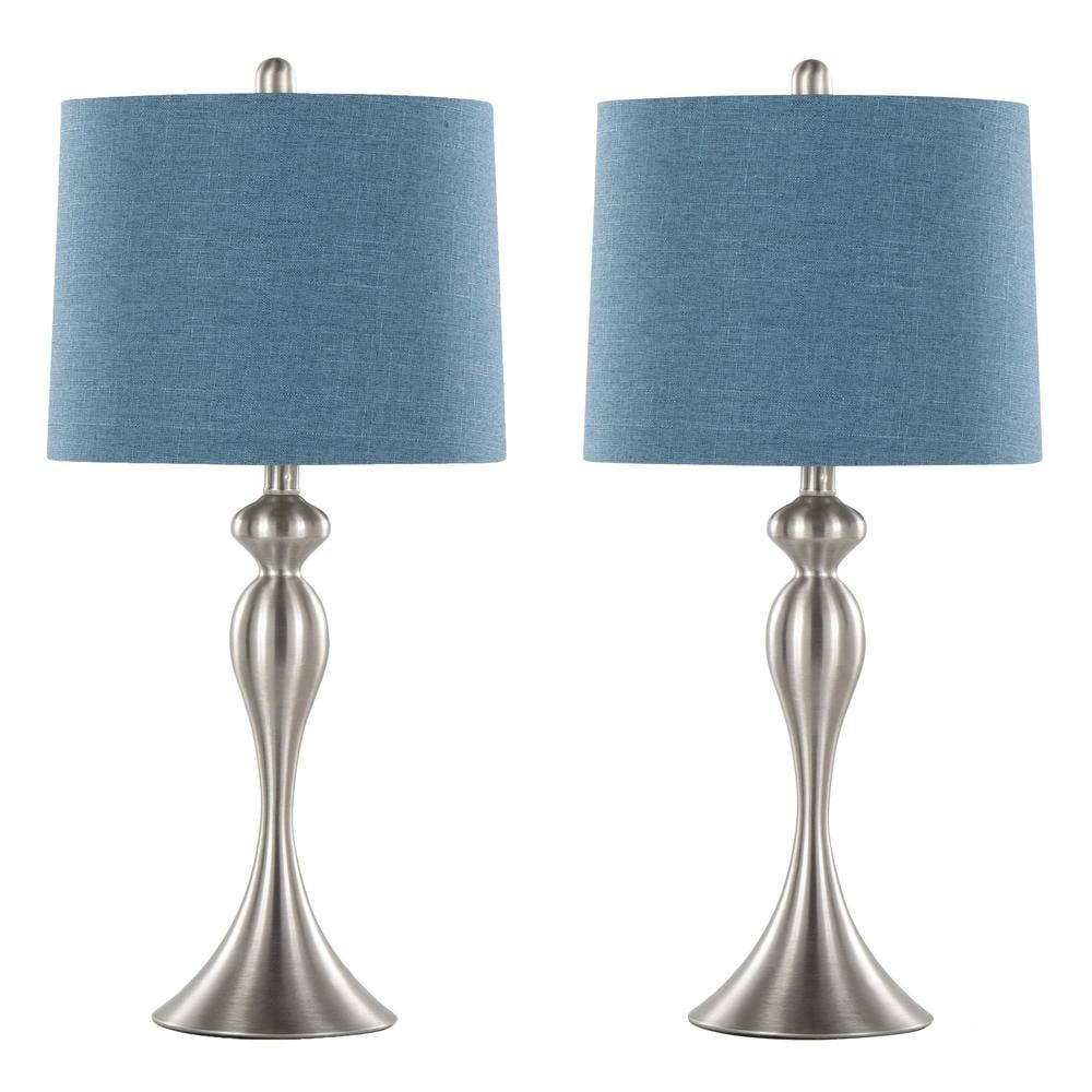 27" Curvy Brushed Nickel Table Lamp w/ Navy Blue Slub Linen Shade (Set ...