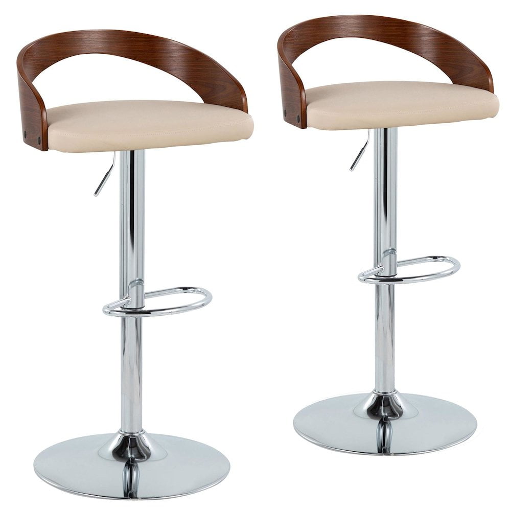 LumiSource Chrome Metal, Walnut Wood, Cream PU Grotto Adjustable Height ...
