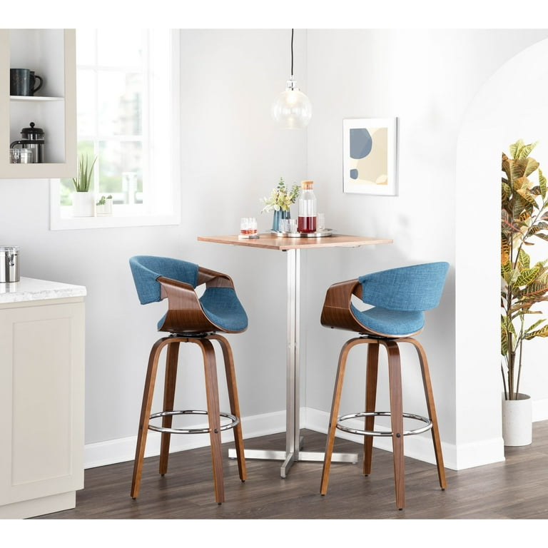 LumiSource Curvini 30 Bar Stools Blue Seat Walnut Frame Set of 2 Stools Walmart