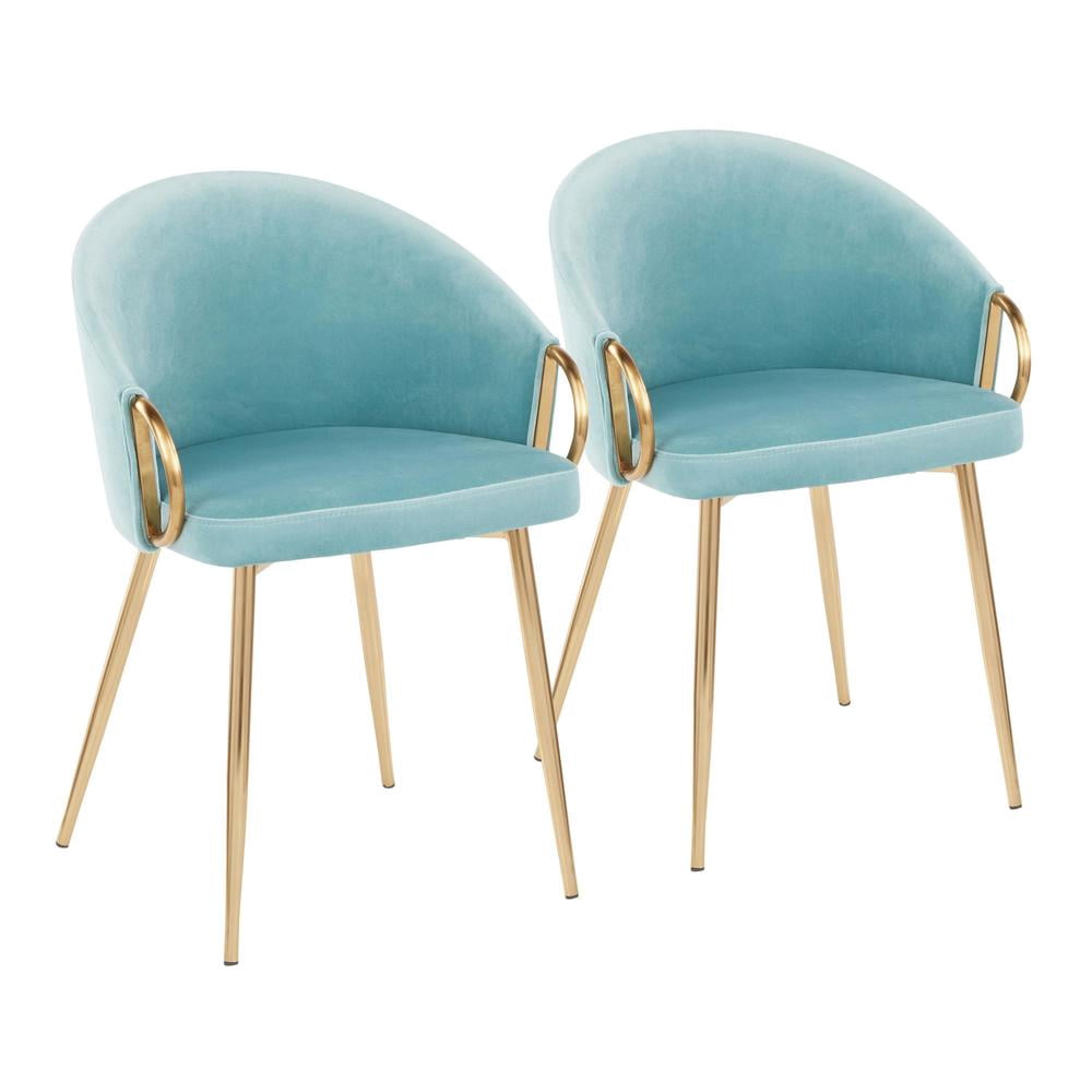 LumiSource Gold Metal, Light Blue Velvet Claire Chair - Set of 2 ...
