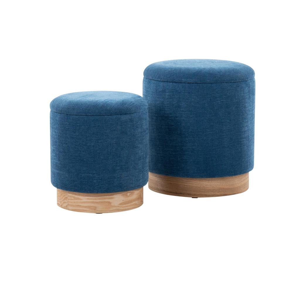 LumiSource Natural Wood, Blue Fabric Marla Nesting Ottoman Set ...