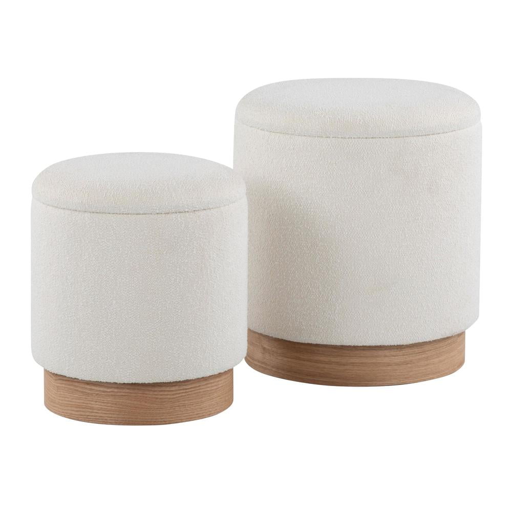 LumiSource Natural Wood, Cream Fabric Marla Nesting Ottoman Set ...
