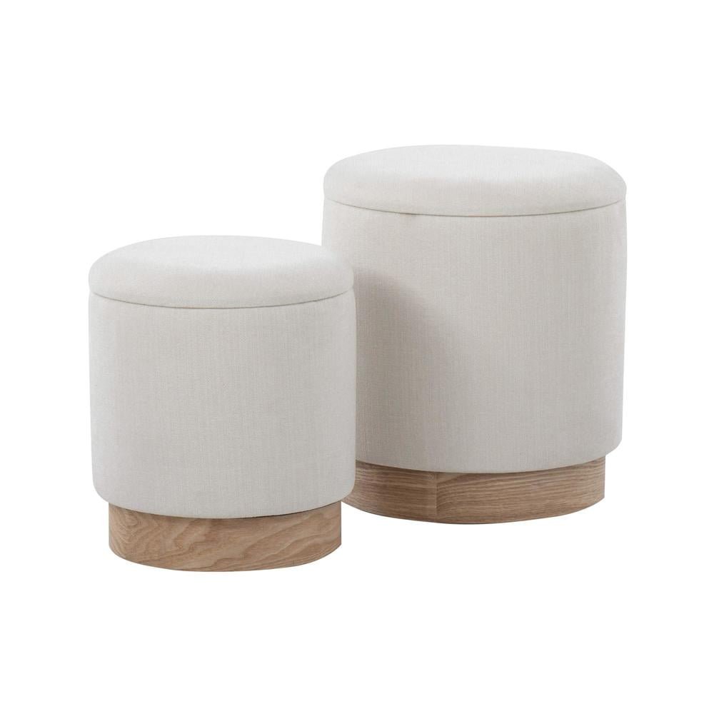 LumiSource Natural Wood, Cream Fabric Marla Nesting Ottoman Set ...