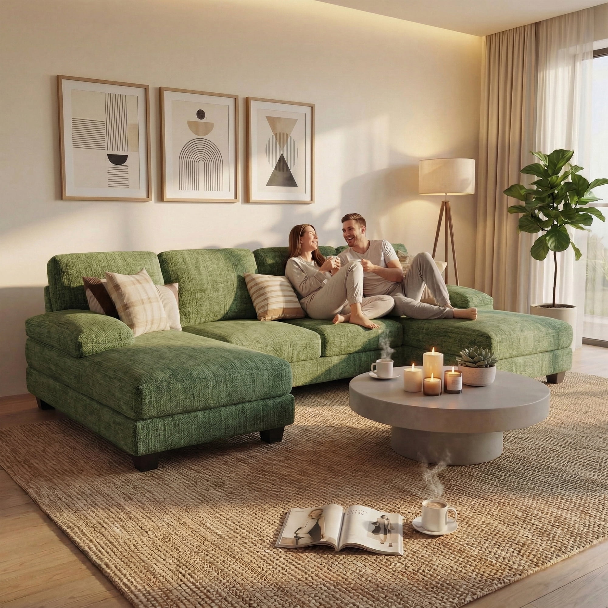 Vineego U-Shaped Sectional Sofa with Double Chaise 4-Seat Modular Sofa ...