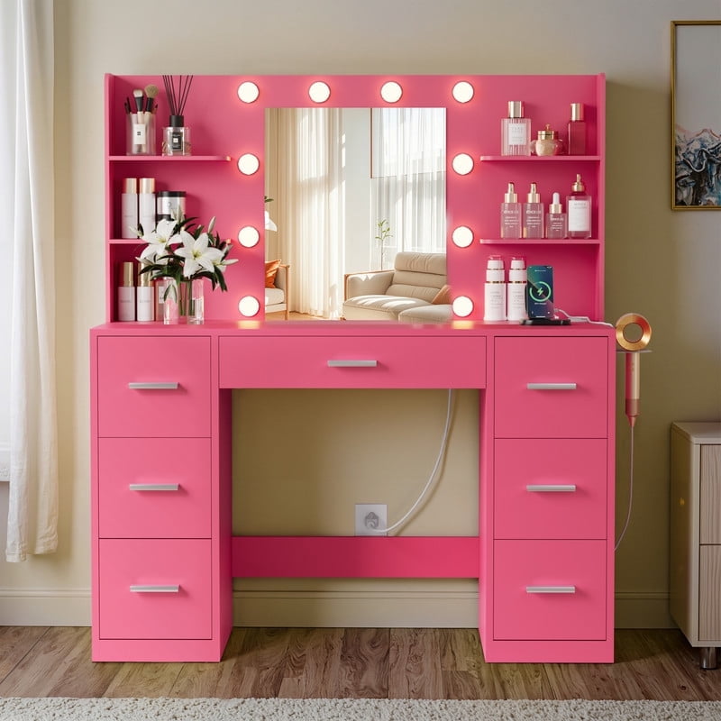 Lumihaven Vanity Desk with Adjustable Lighted Mirror, Vanity Table Set ...