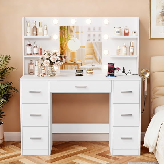 Vanity Table with Sliding Lighted Mirror, Makeup Vanity Desk with ...
