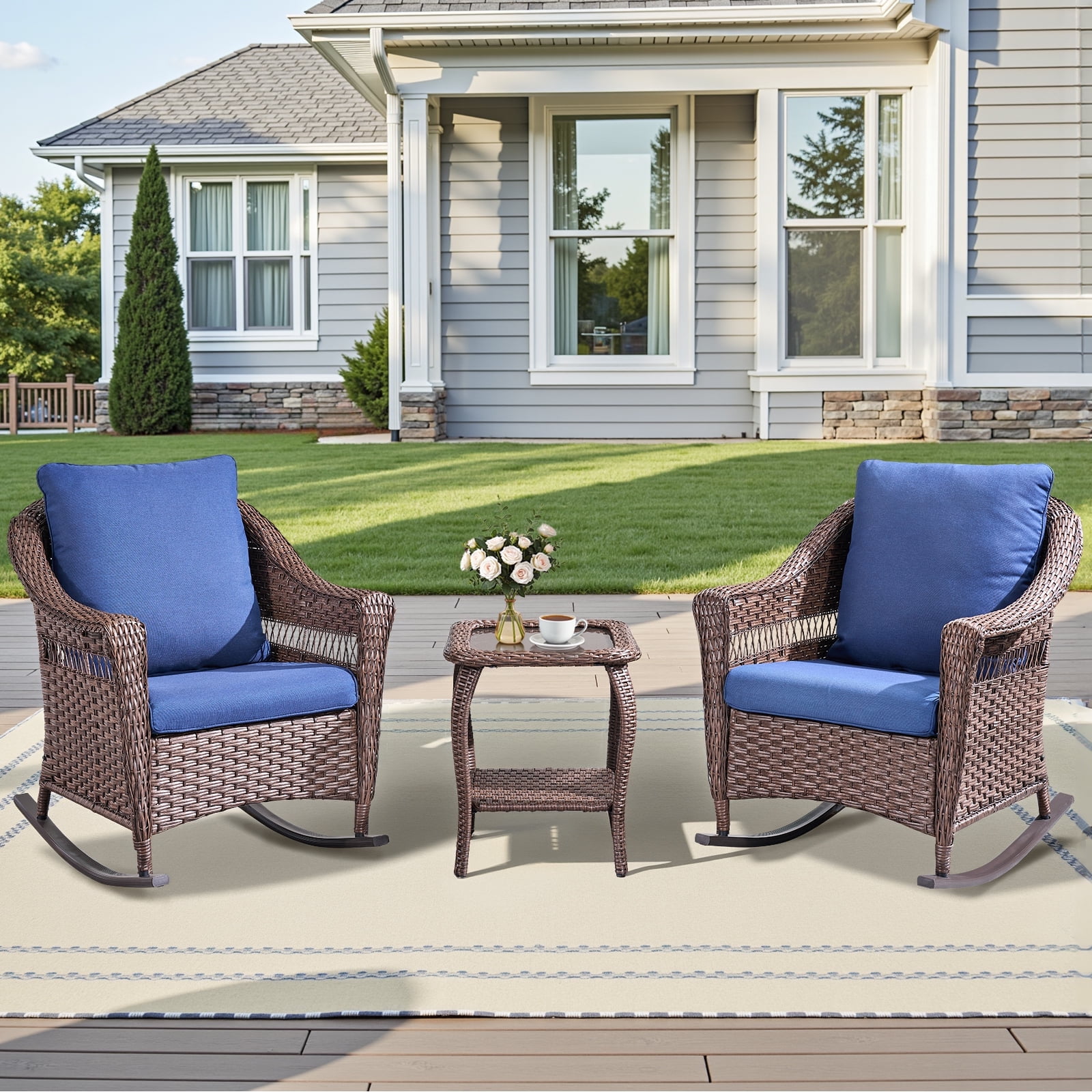 Lumiinofami 3 Piece Patio Furniture Wicker Rocker Set, Outdoor Rocking ...