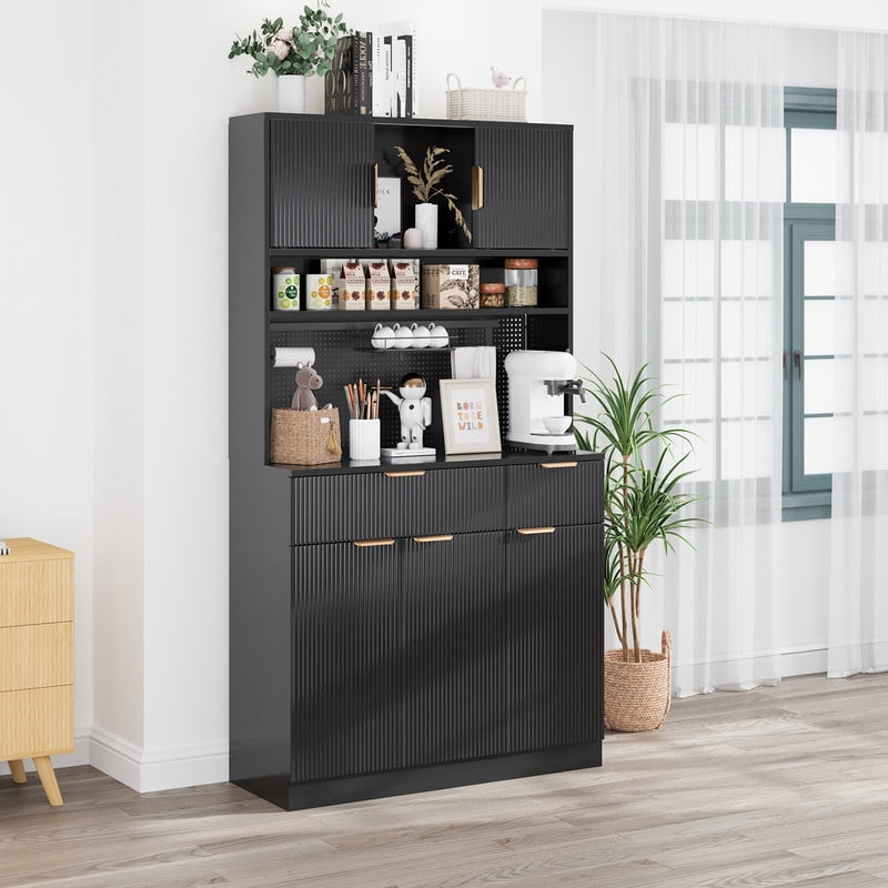 Lumiinofami Kitchen Pantry Cabinets, 73" Wooden Fluted Microwave Stand ...