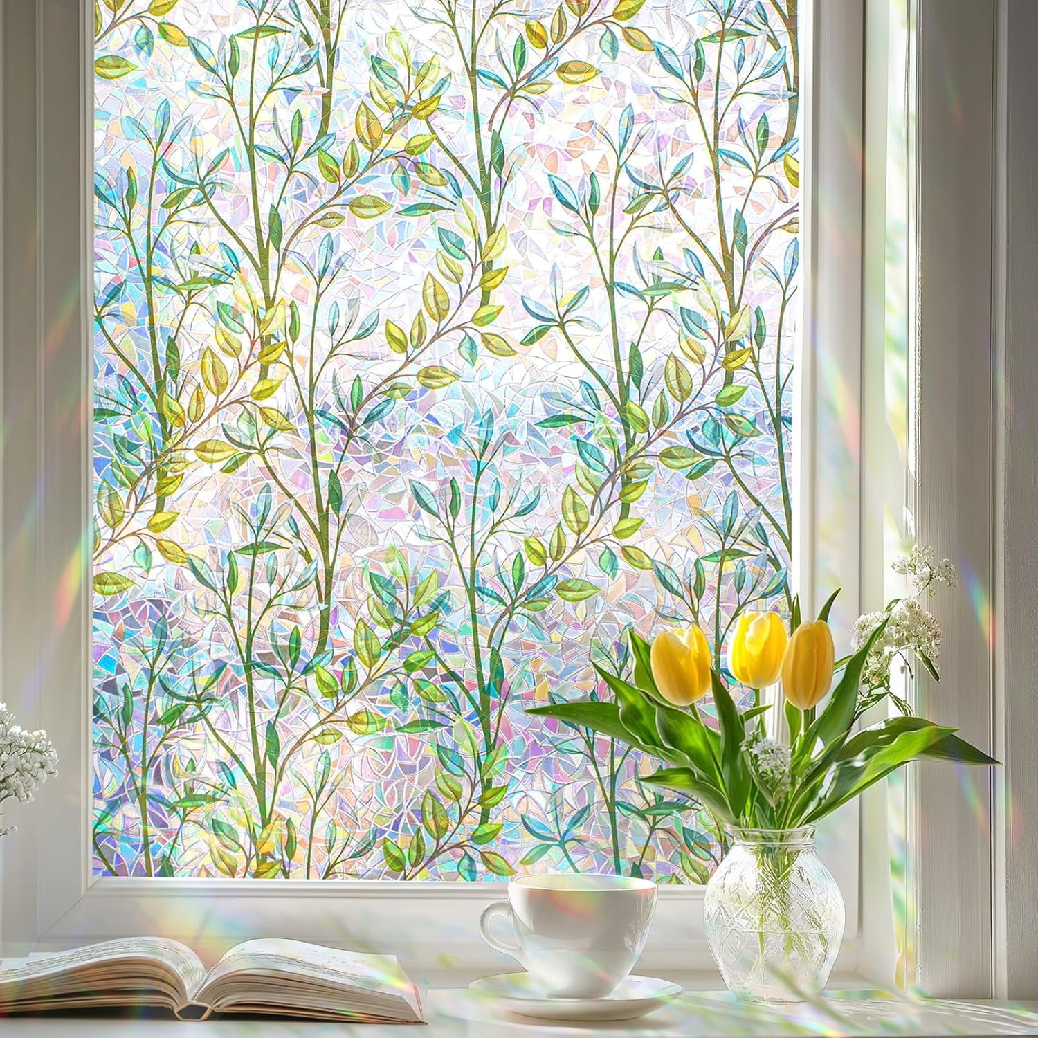 LuminManta Window Privacy Film Stained Glass 3D Static Cling Decorative Window Film for Bathroom ...