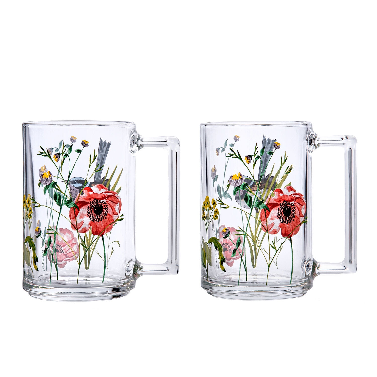 Luminarc Wildflowers Clear Glass Mug Set of 2 Pcs 10.8 fl oz Tea and ...