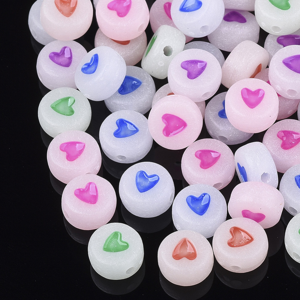 Luminous Acrylic Beads Flat Round with Heart Mixed color 7x3.5~4mm Hole ...