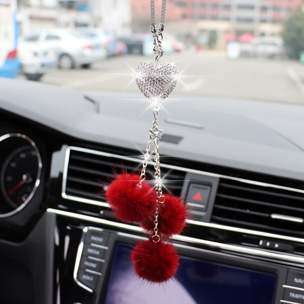 Bling Car Accessories for Women ＆ Men Bling White Heart and Red Fuzzy ...