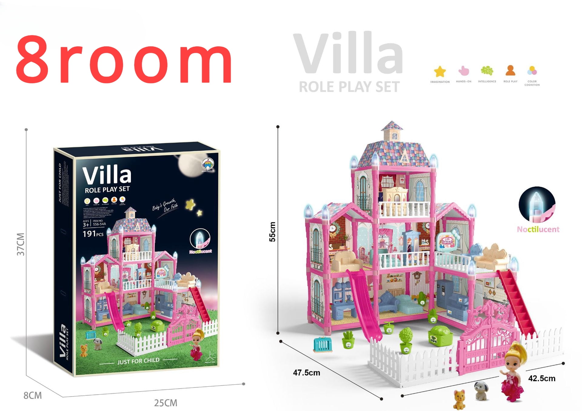 Luminous Doll House Dreamhouse for Girls Princess Playhouse Set with ...