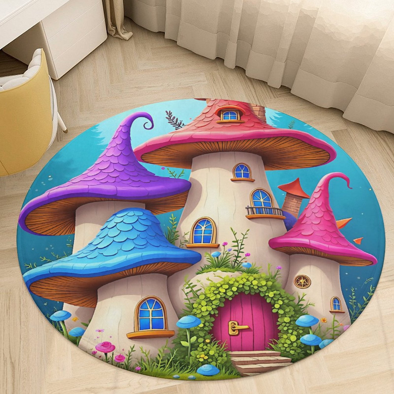 Luminous House, Flowers And Leaves Round Area Rugs for Bedroom Living ...