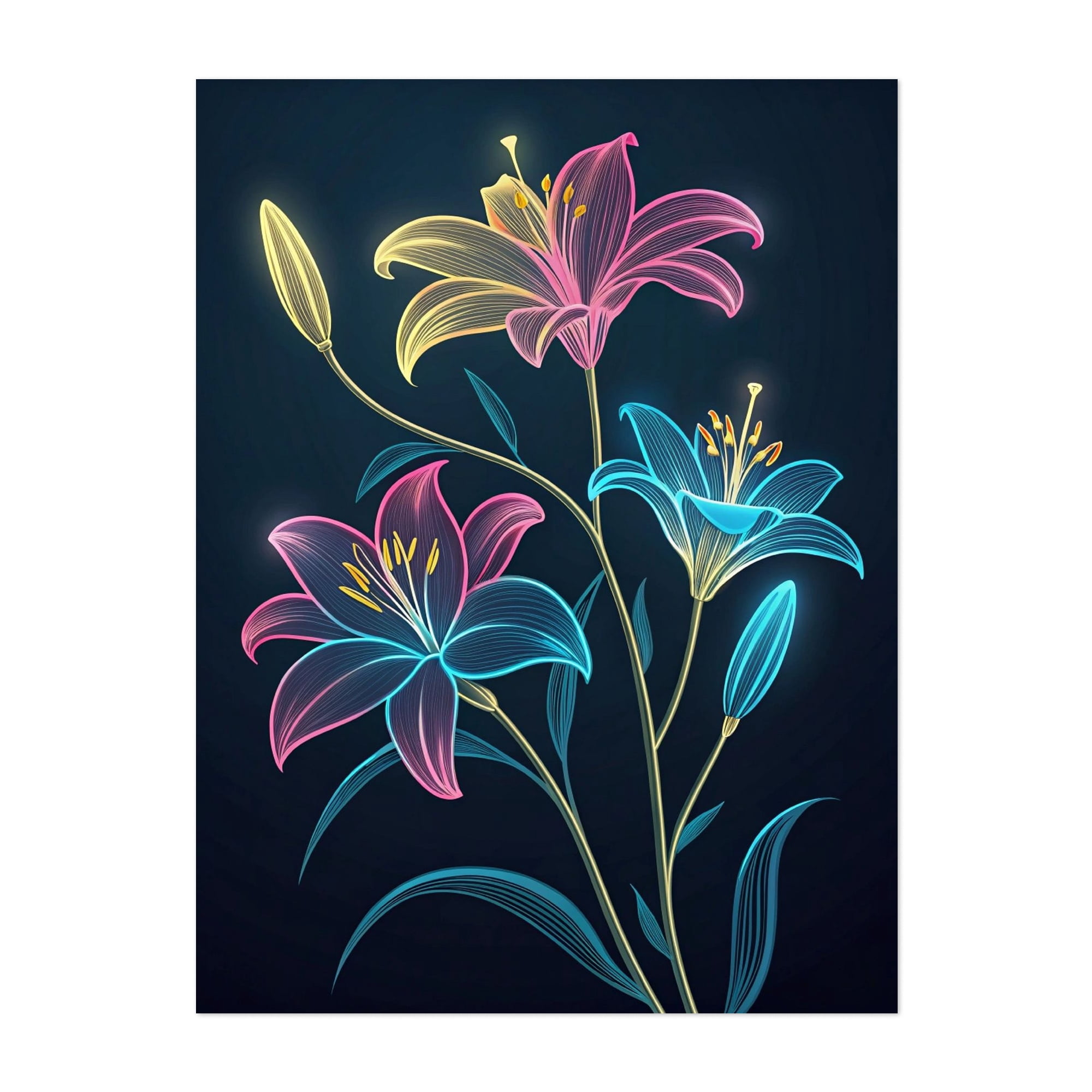 Luminous Lilies: Neon Floral Glow - Digital Art Floral Neon Sign Line ...