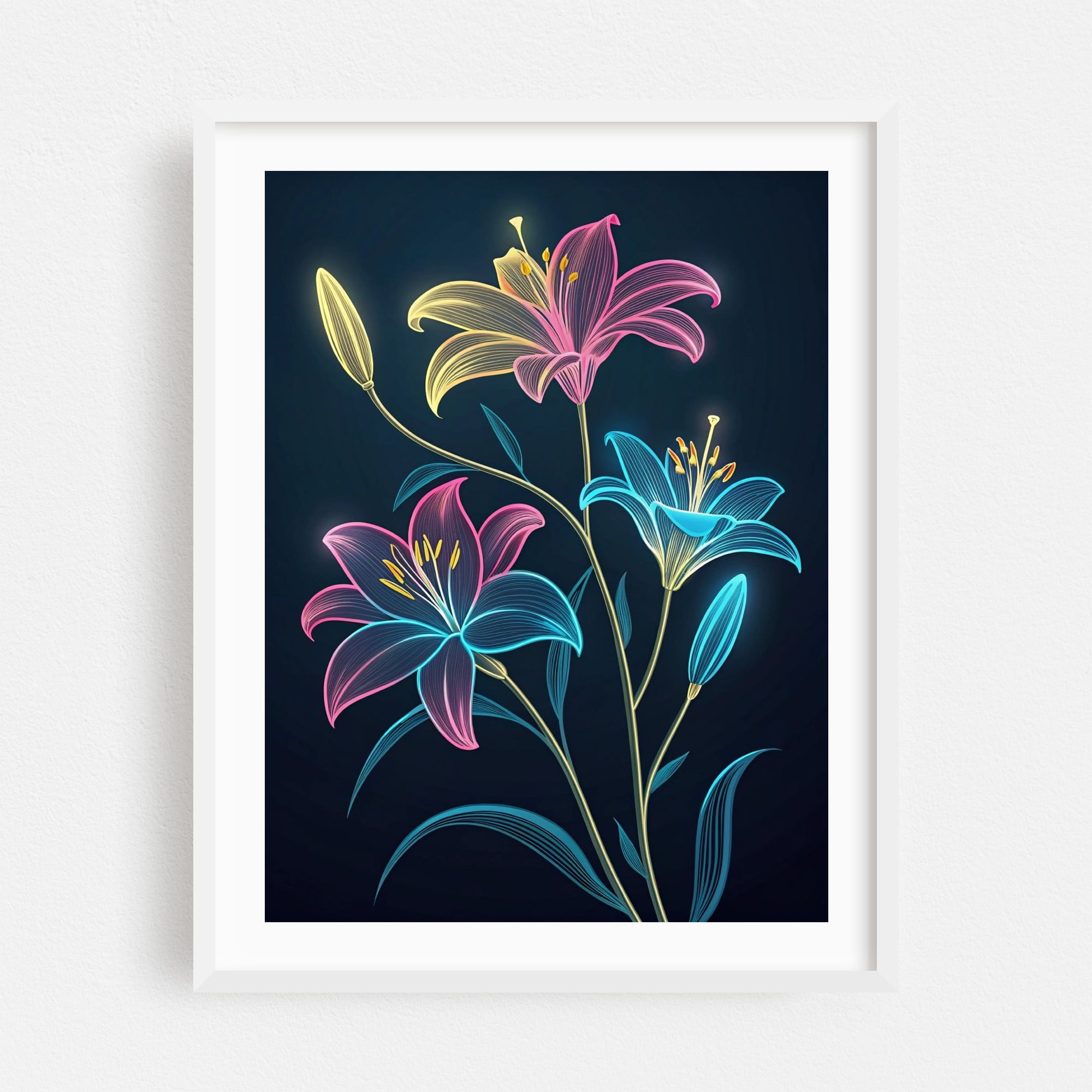 Luminous Lilies: Neon Floral Glow - Digital Art Floral Neon Sign Line ...