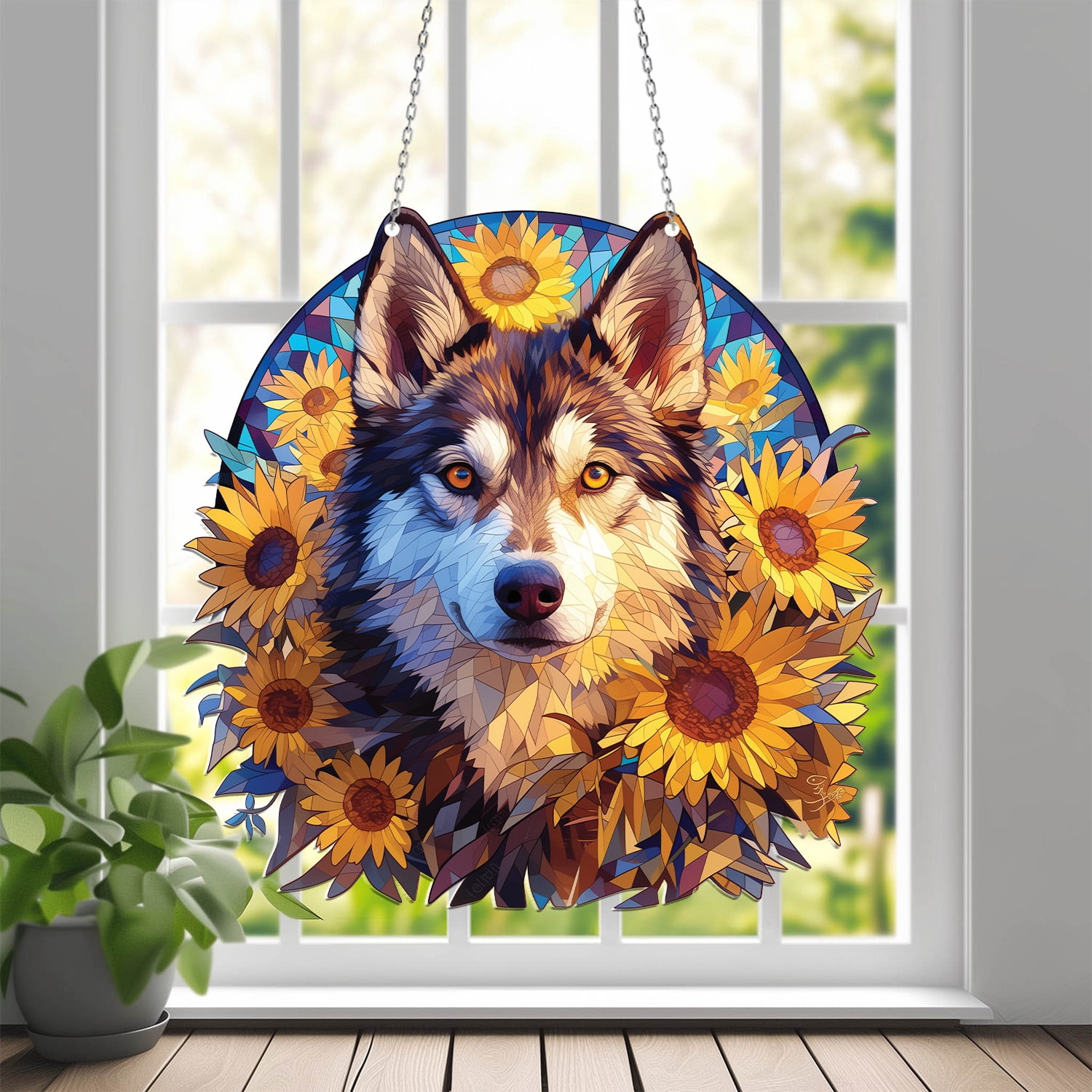 Luminous Siberian Husky with Sunflowers Window Art - Acrylic Stained ...