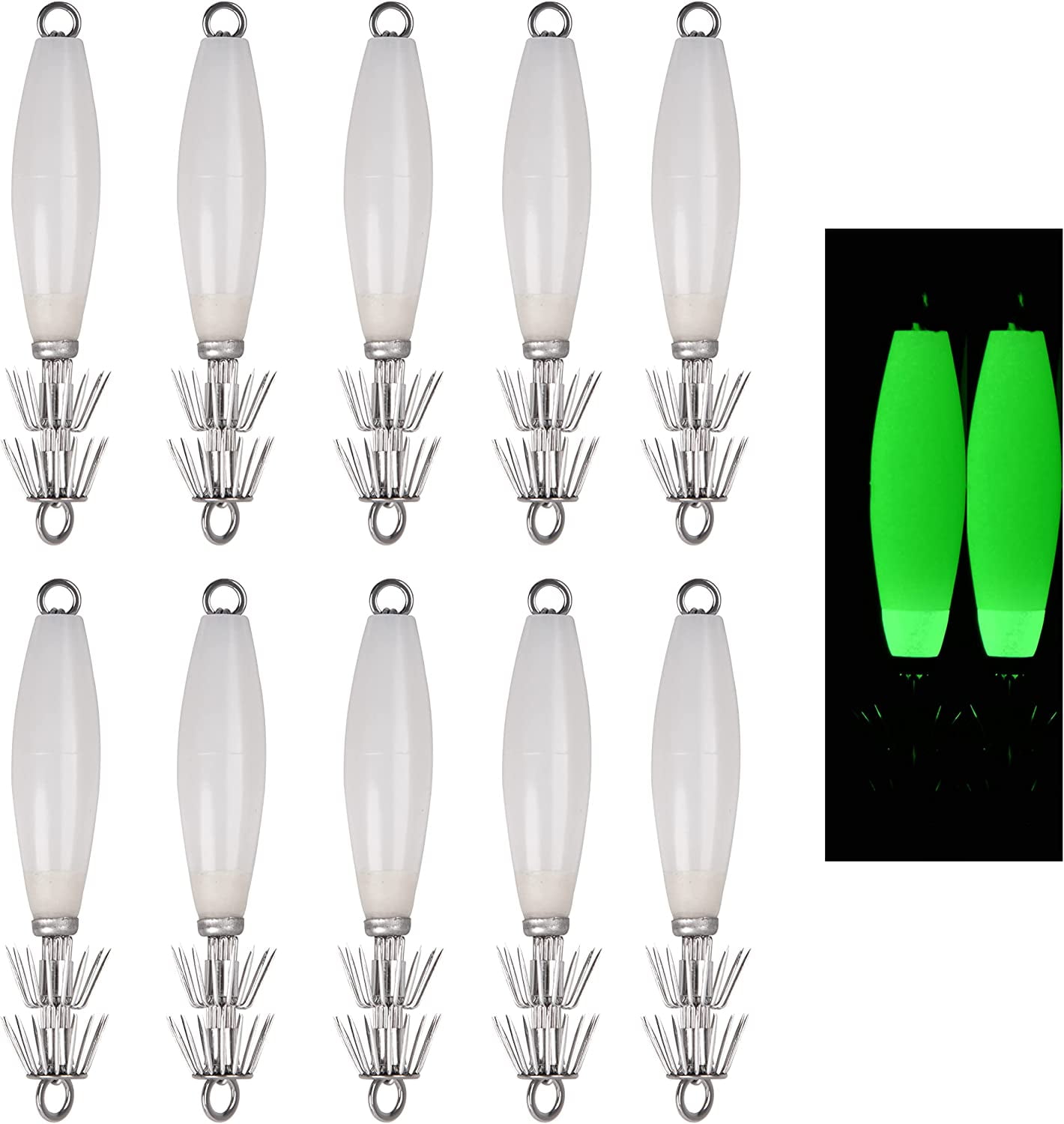 Luminous Squid Jig Hooks Saltwater, 10pcs Glow Squid Jigs Kit Fluorescent Cuttlefish Sleeve Jig ...