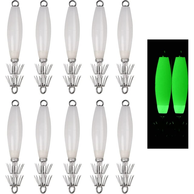 Luminous Squid Jig Hooks Saltwater, 10pcs Glow Squid Jigs Kit Fluorescent Cuttlefish Sleeve Jig ...