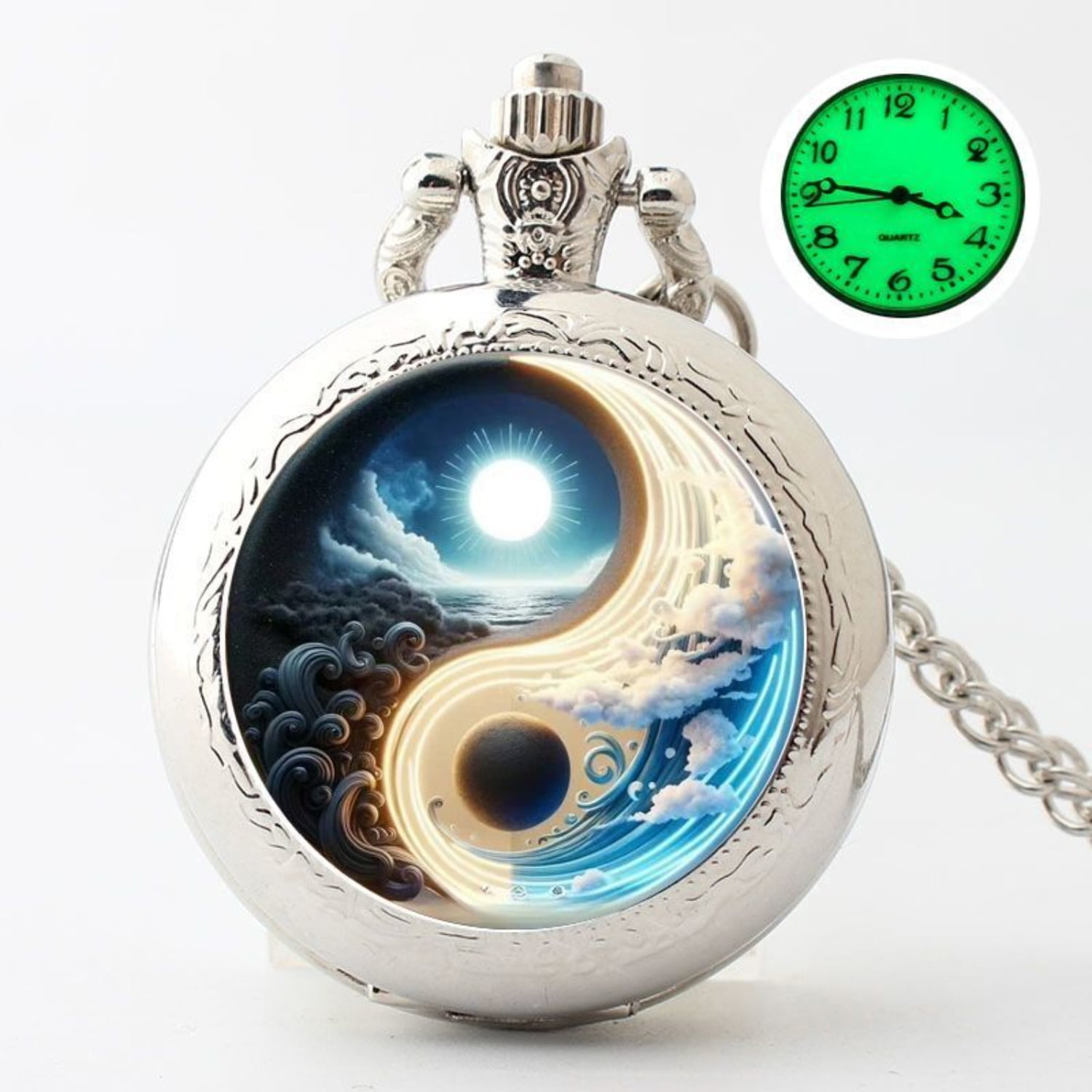 Luminous Tai Chi Bagua Pocket Watch Flip Cover Quartz Timepiece with ...