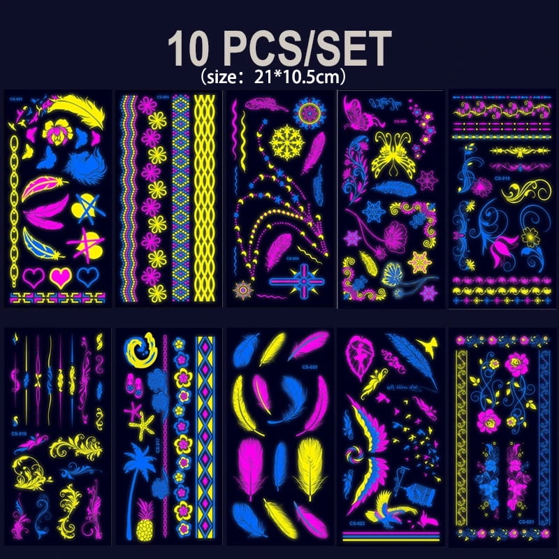 Luminous Temporary Tattoos Stickers Fluorescent Neon In Dark Illuminate ...