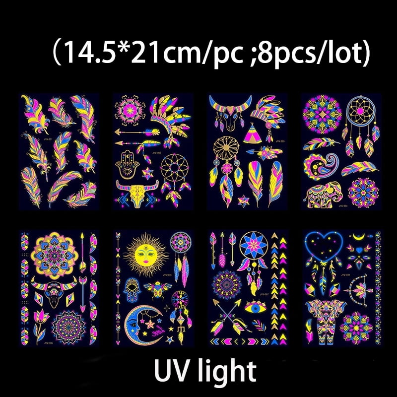 Luminous Temporary Tattoos Stickers Fluorescent Neon In Dark Illuminate ...