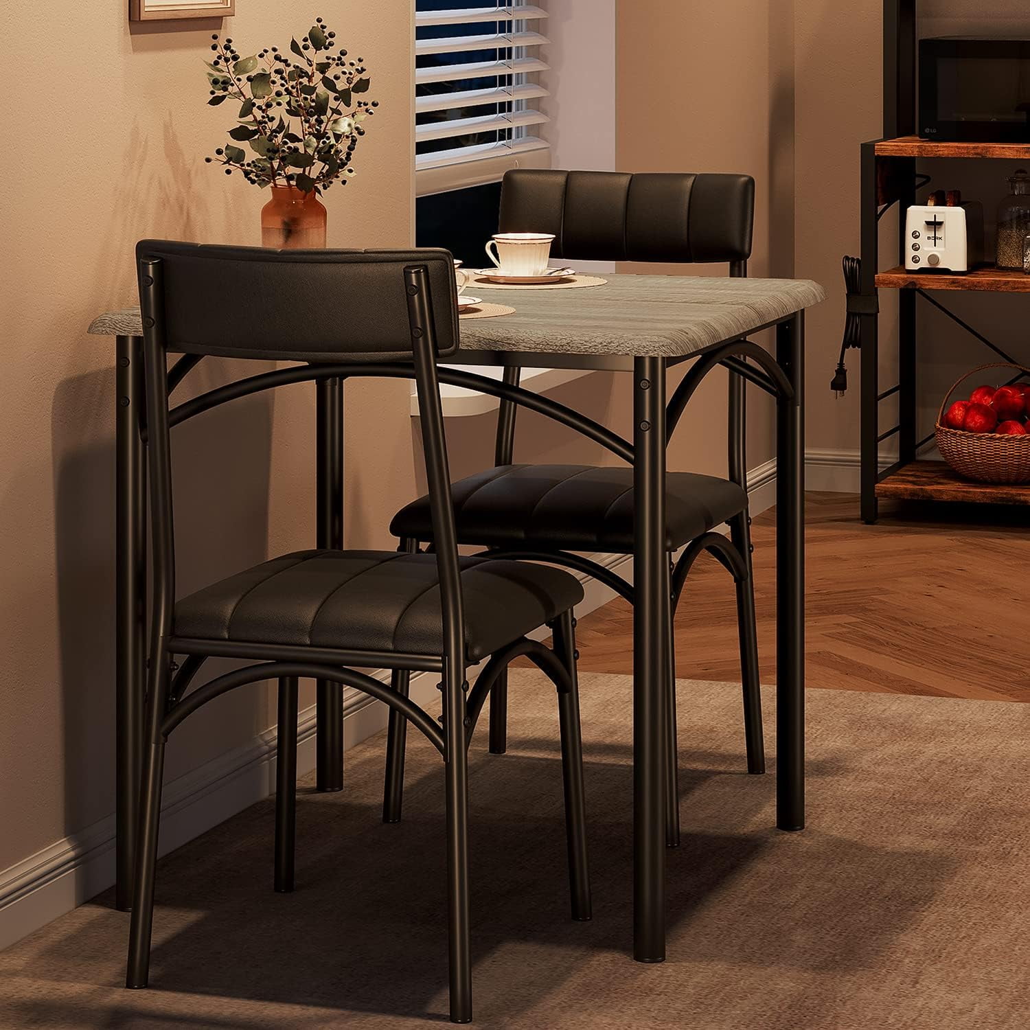 Retro Gray 2-Person Dining Set, Square Metal/Wood Table with ...